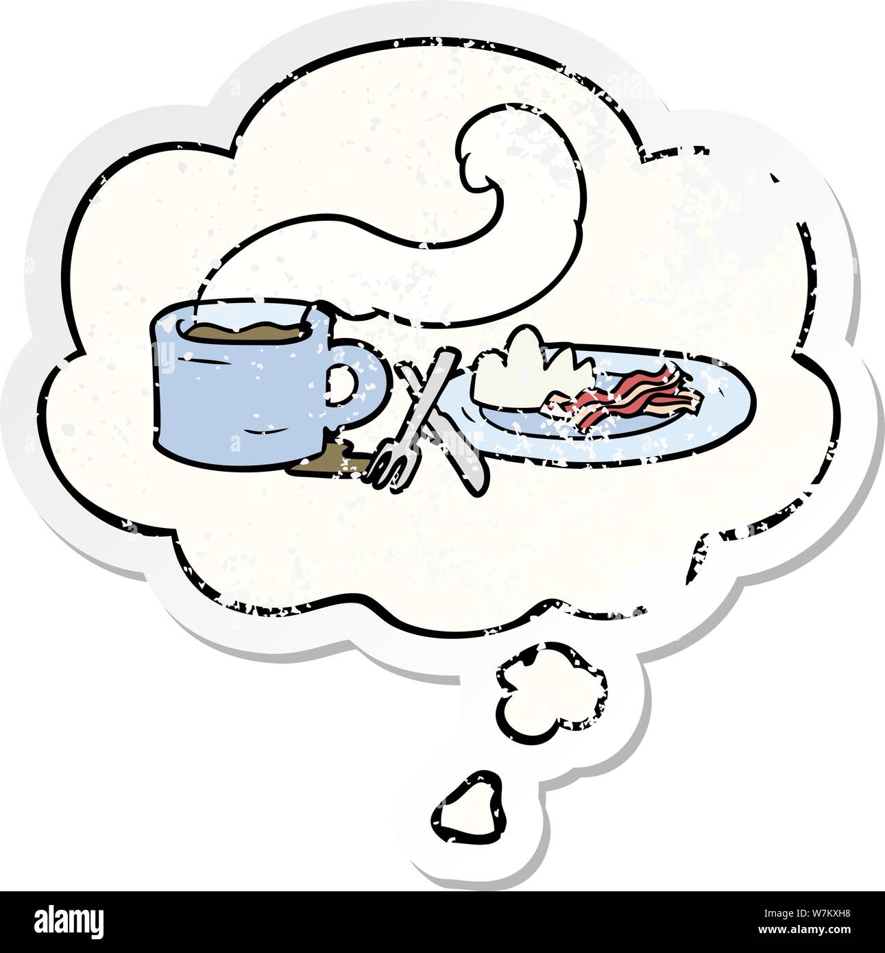 cartoon breakfast with thought bubble as a distressed worn sticker ...