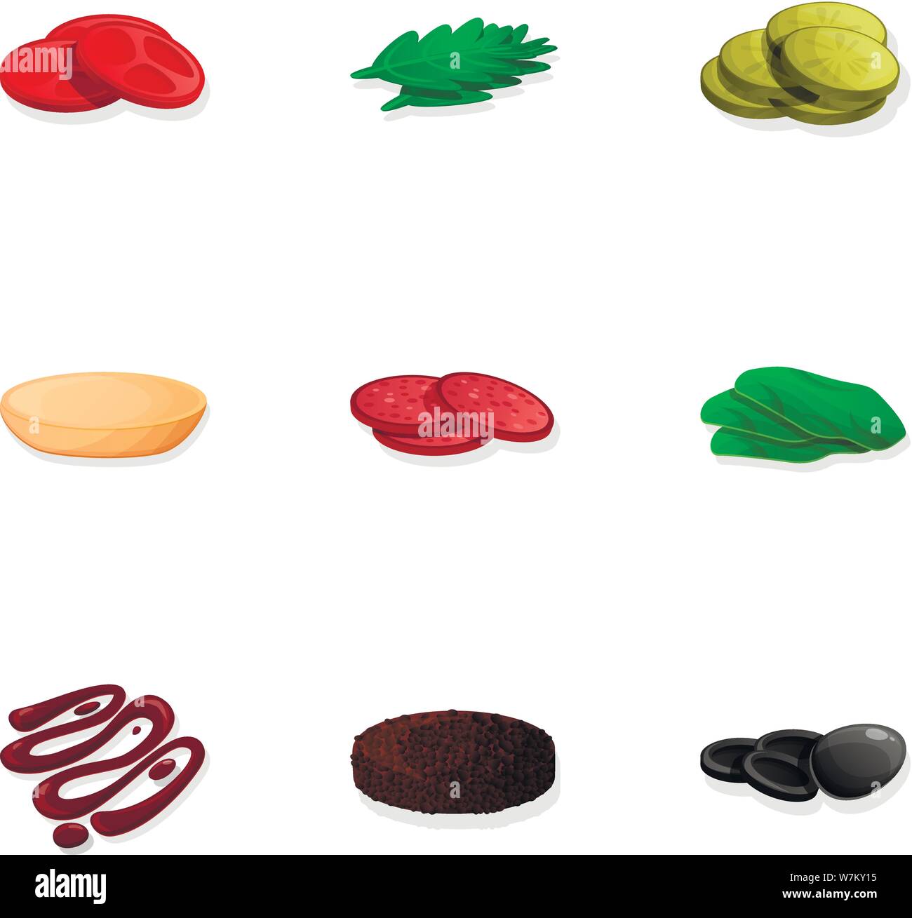 Burger ingredients icon set. Cartoon set of 9 burger ingredients vector ...