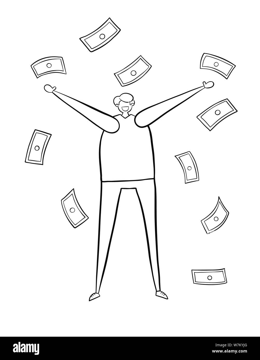 The man made a lot of money and it's raining. Black outlines and white ...
