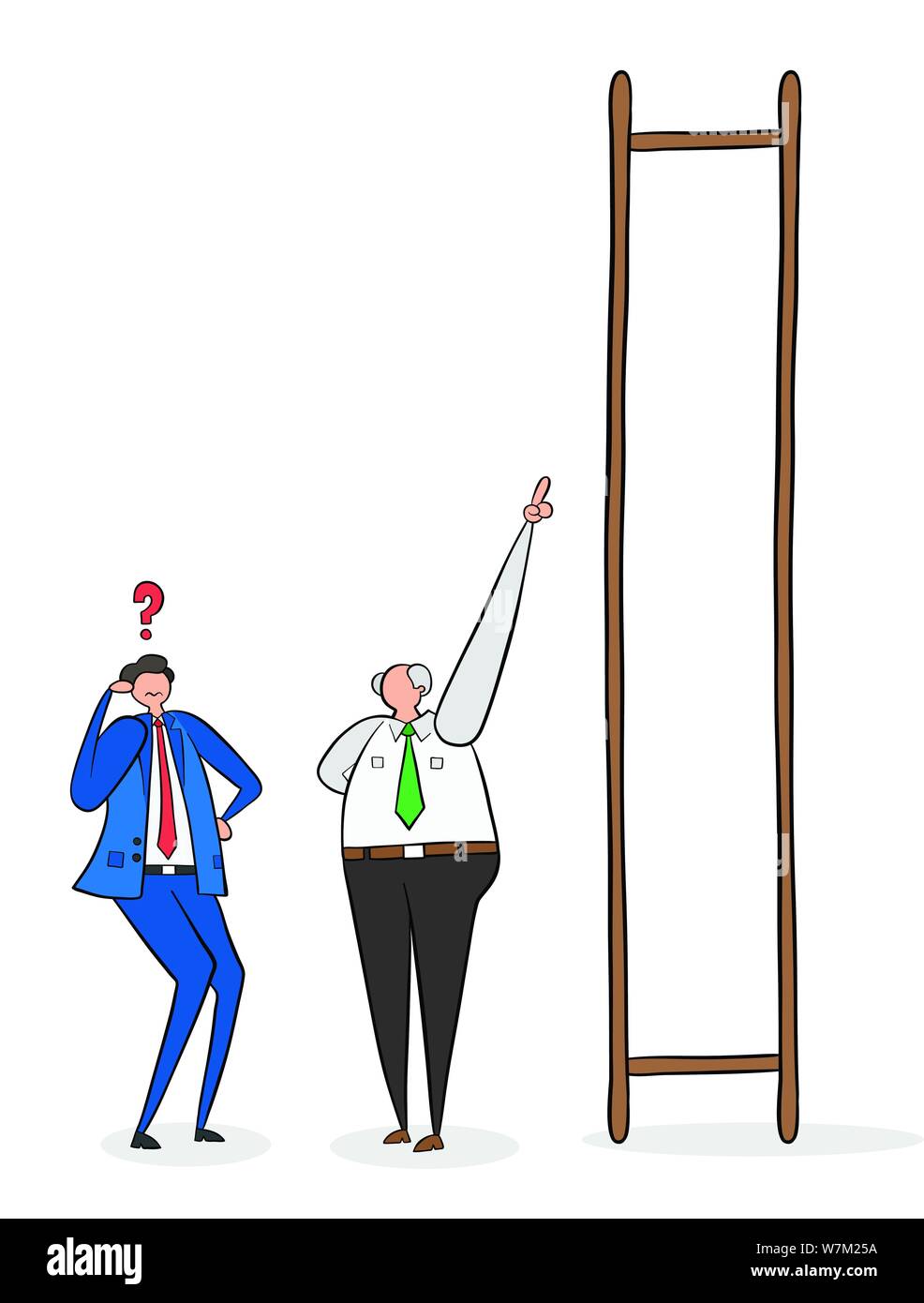The boss wants him to climb to the top of the ladder with missing steps ...