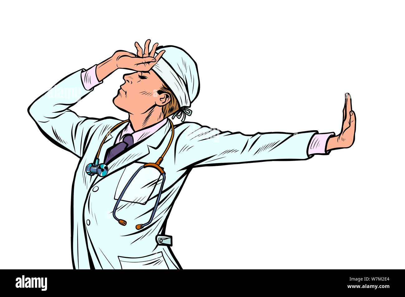Caucasian doctor man medicine. shame, denial gesture, no. Pop art retro ...