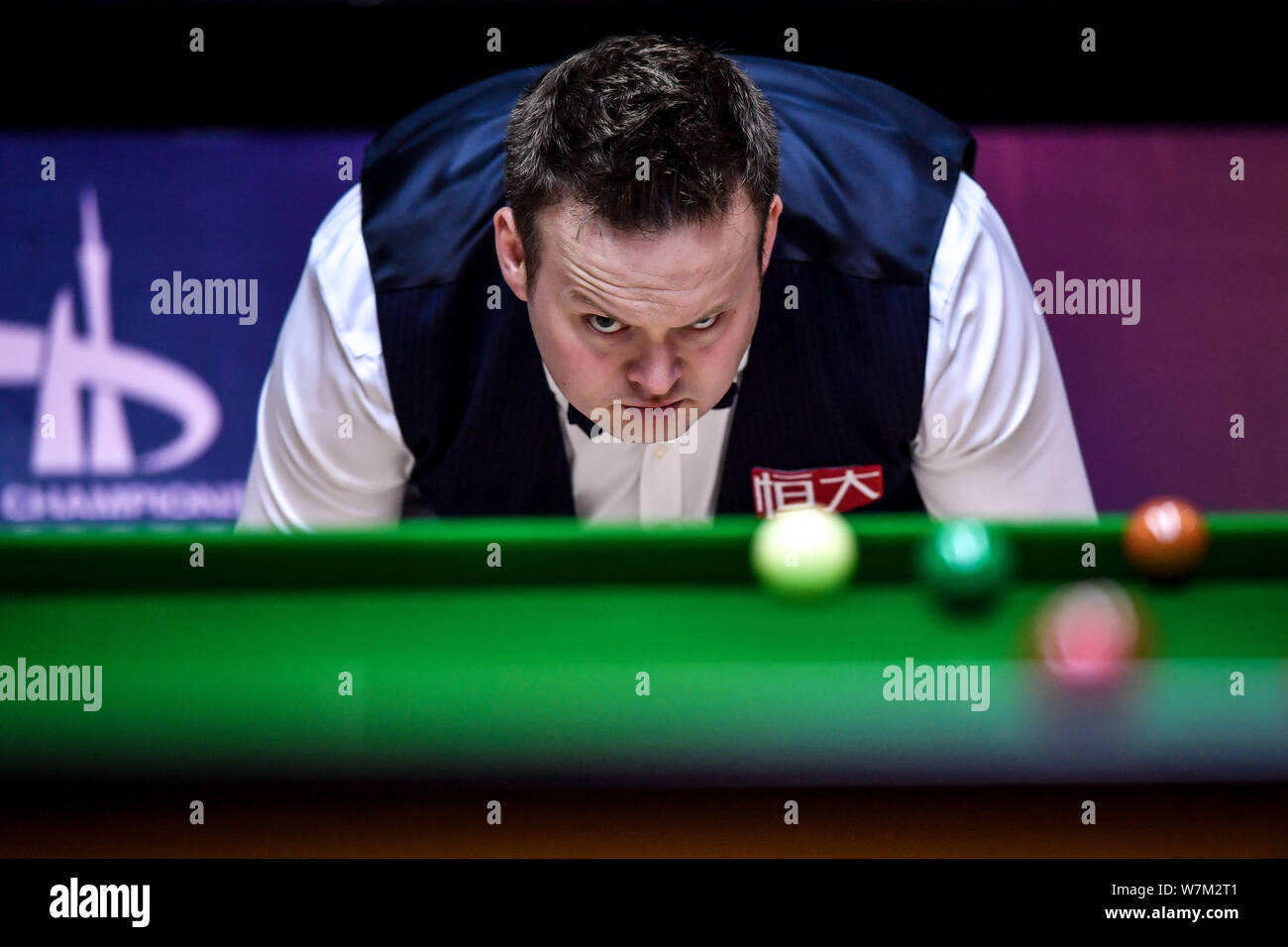 Shaun Murphy of England considers a shot to Luca Brecel of Belgium in ...
