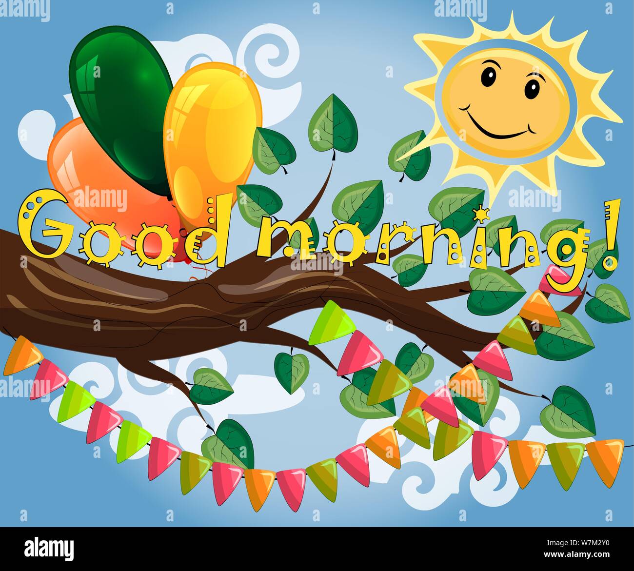 in the morning, the sun shines and smiles. Inscription Good morning ...