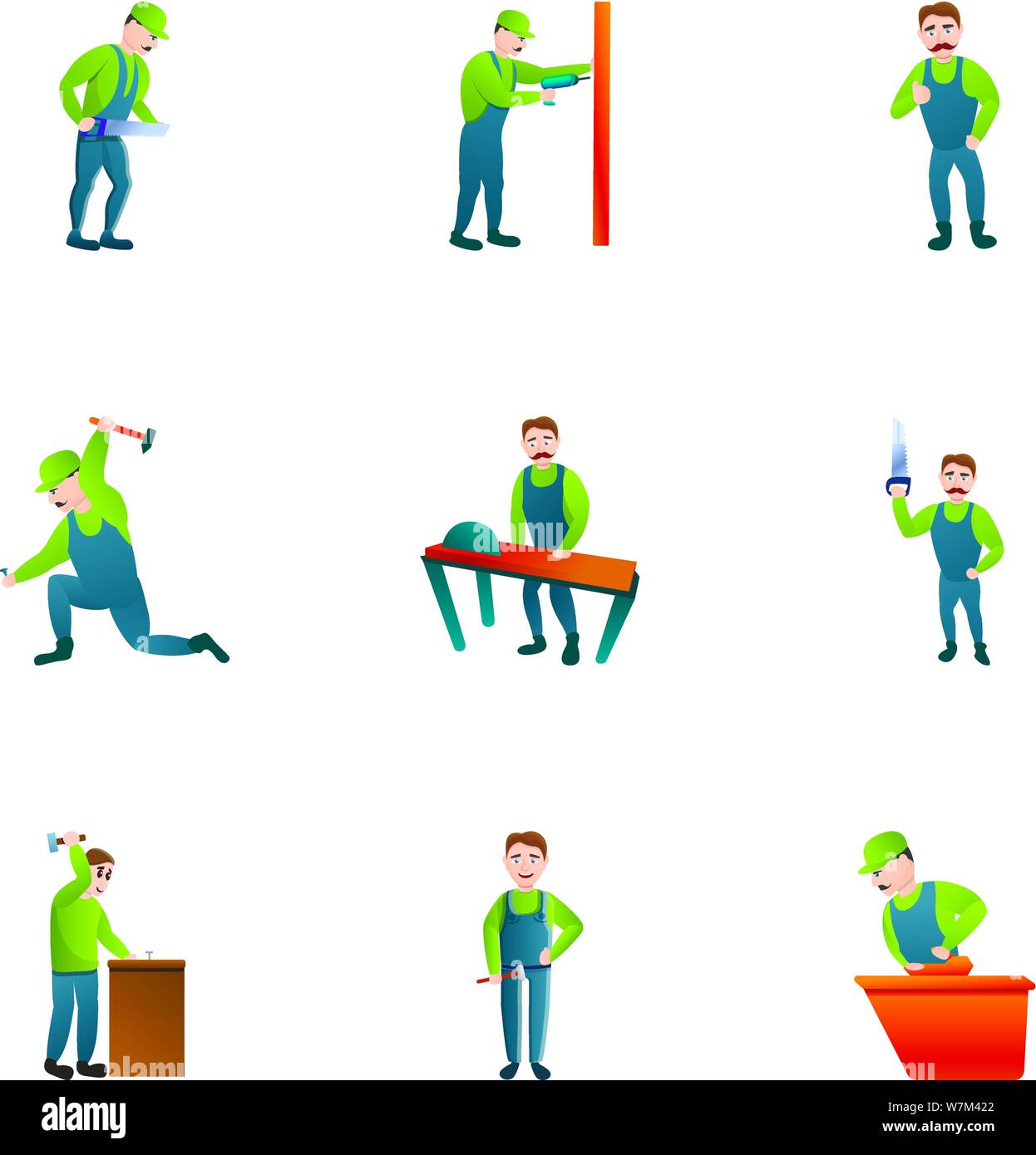 Woodworker icon set. Cartoon set of 9 woodworker vector icons for web ...