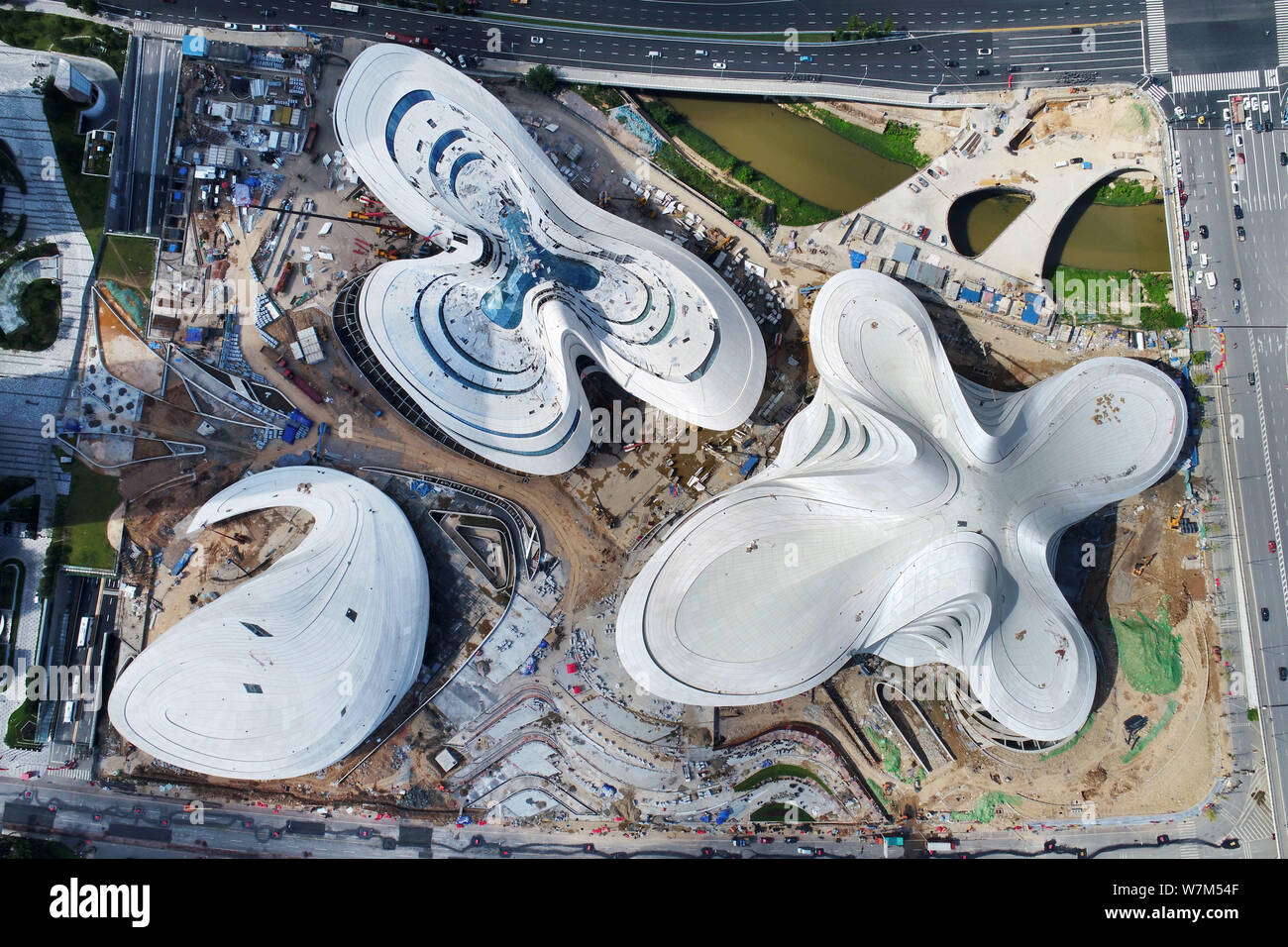 Aerial view of venues under construction at the Changsha Meixihu ...