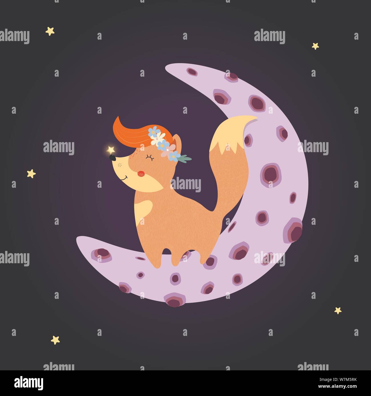 Cute fox in flower wreath stand on moon night sky Stock Vector Image ...