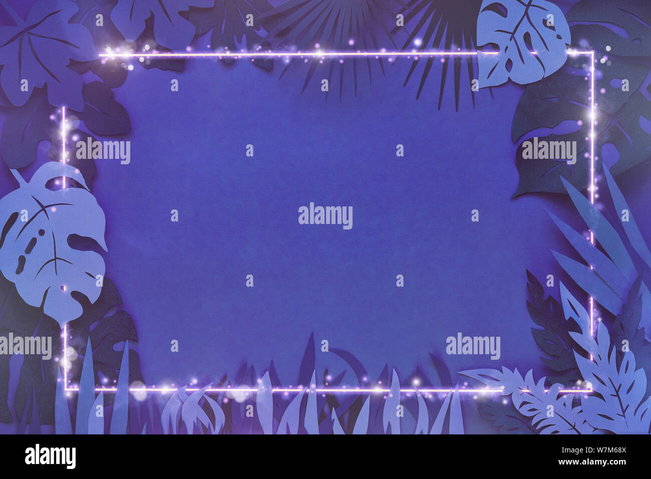 Neon floral background, flat lay with tropical leaves made out of paper ...