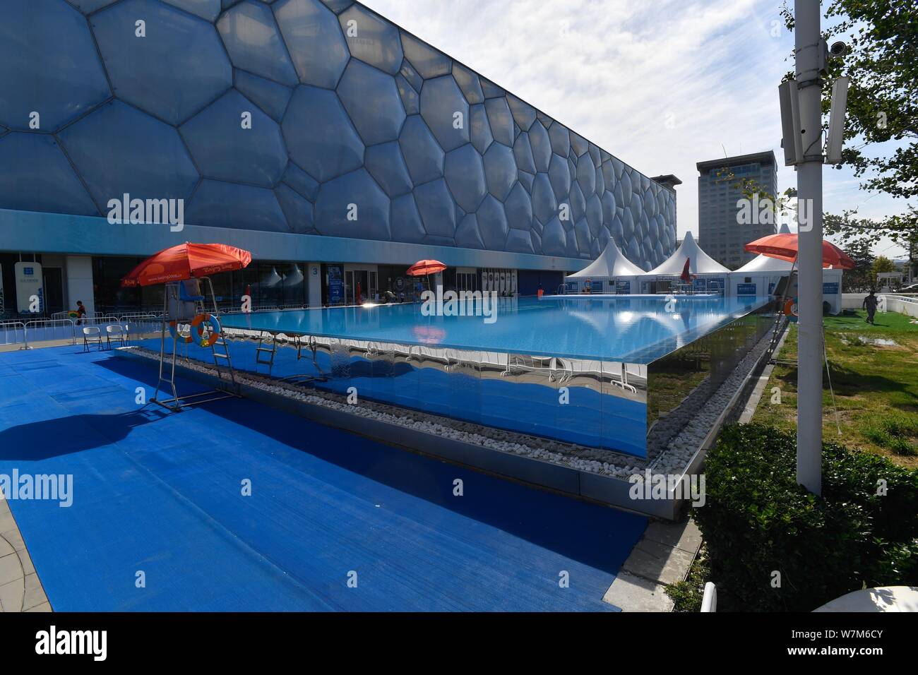 View of the 25 meters long and 15 meters wide infinity pool beside ...