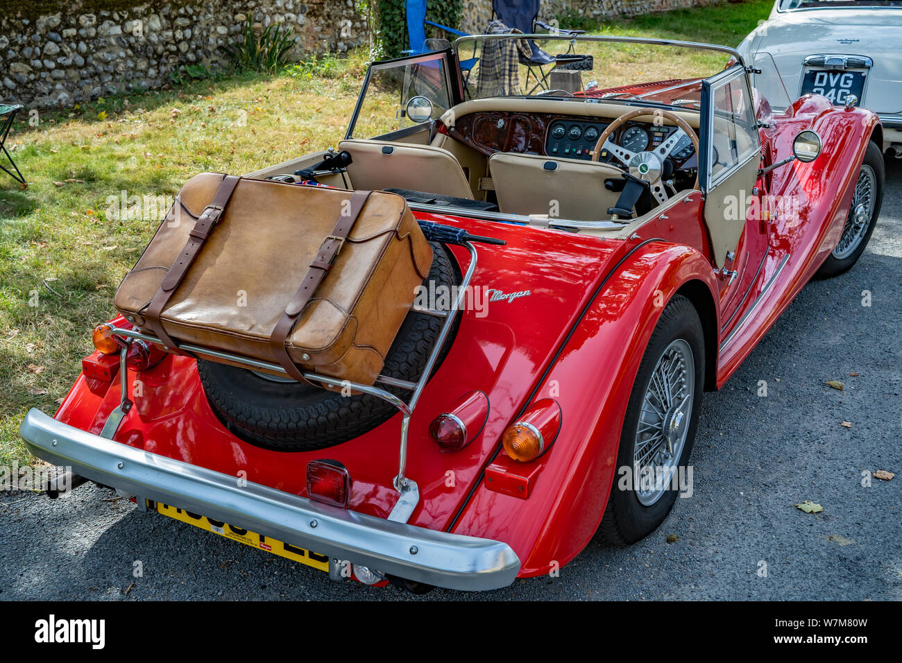 A view of the rear end of a hand built Morgan sports car, a British ...