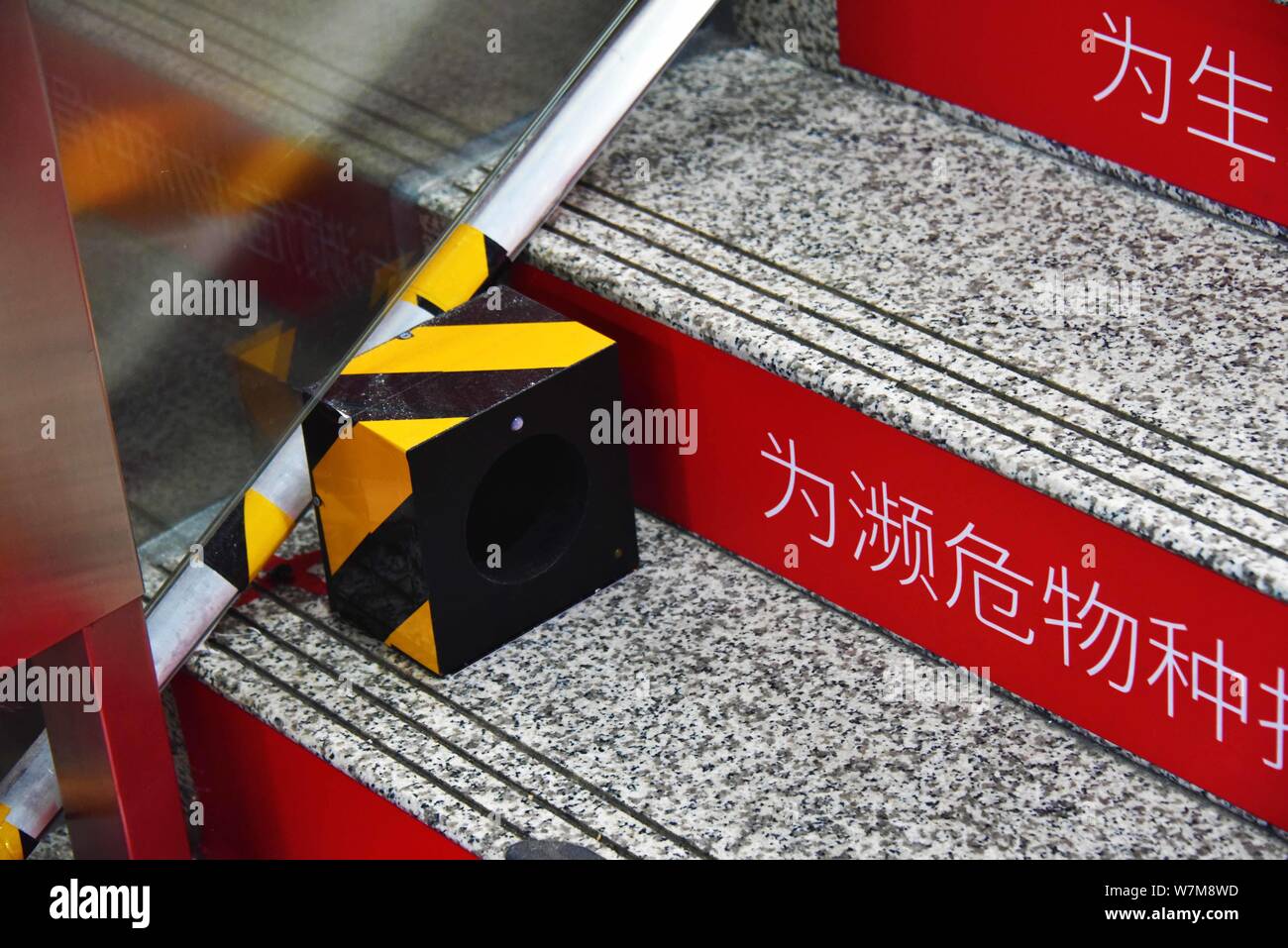 View of stairs installed with infrared ray detectors to record steps of ...