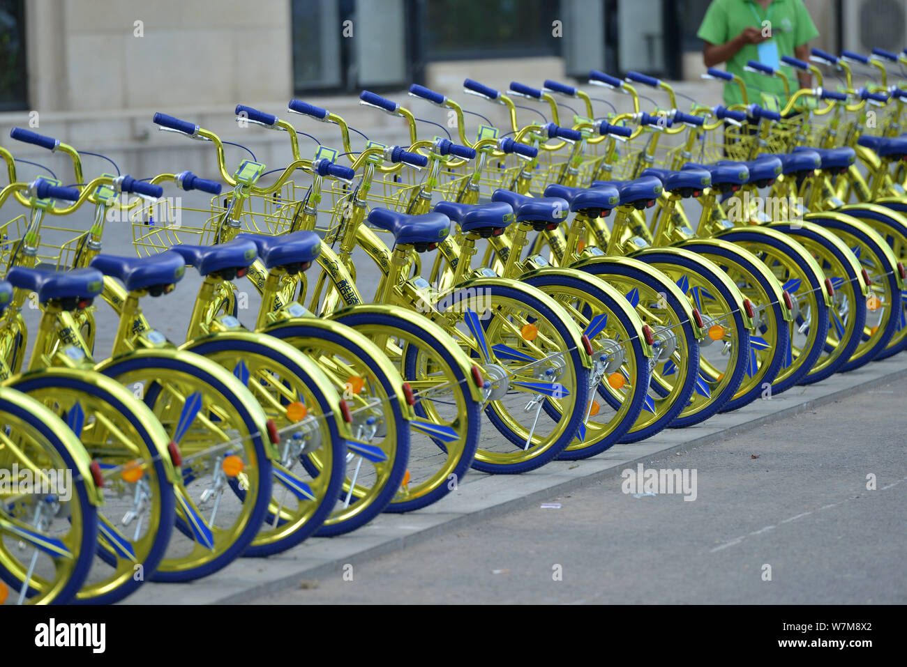 Golden bicycles of Chinese bike-sharing service Coolqi are lined up on ...