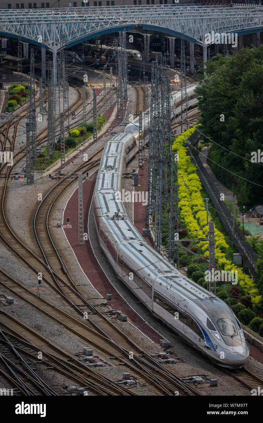 The Blue Dolphin, front, and the Golden Phoenix trainsets of "Fuxing ...
