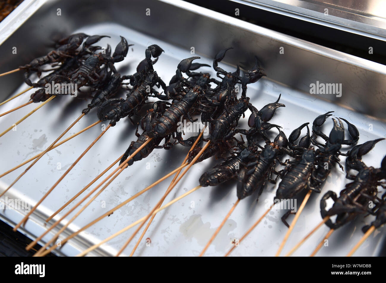 View of fried scorpions during a challenge to eat weird Chinese ...