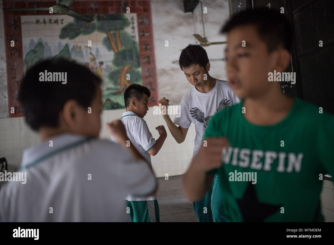 Chinese elementary schoolboys practice martial arts moves with kungfu ...