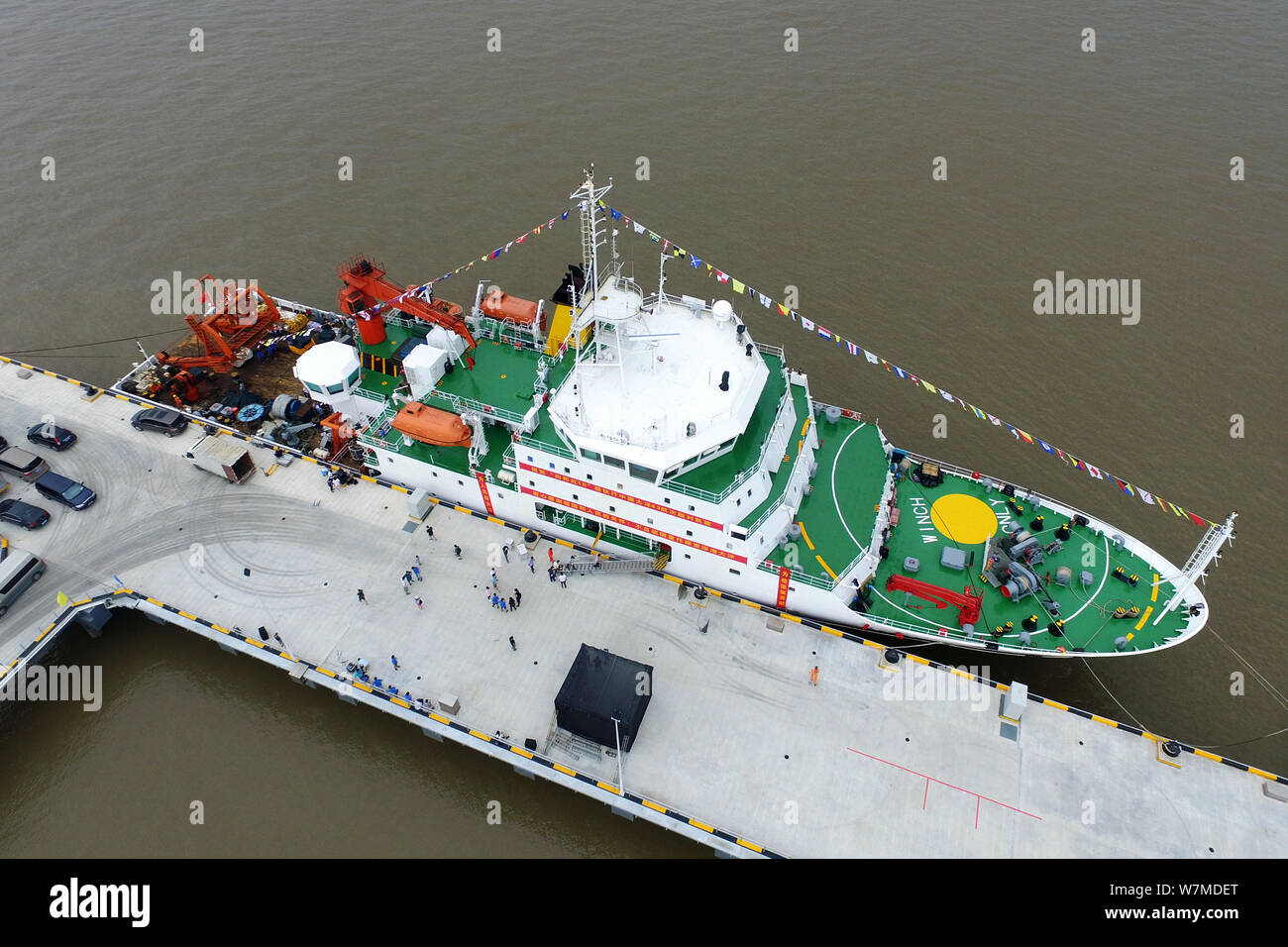 Aerial view of Chinese oceanographic ship "Xiangyanghong 10" at a port ...