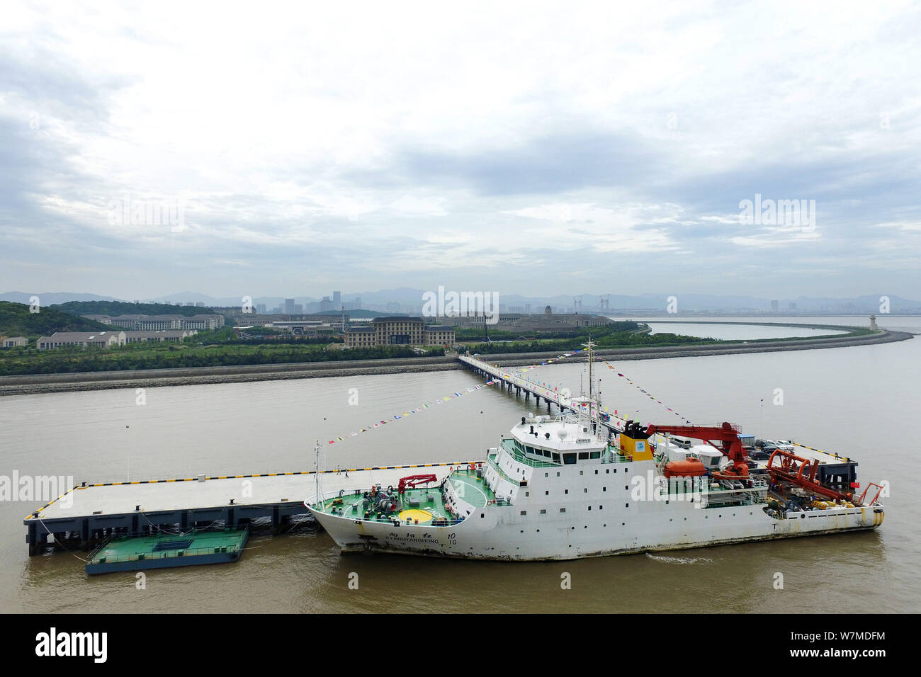 Aerial view of Chinese oceanographic ship "Xiangyanghong 10" at a port ...