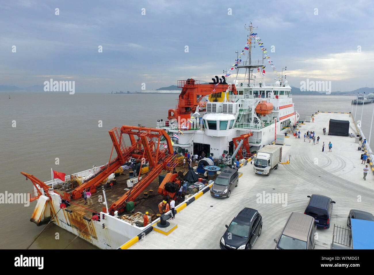 Aerial view of Chinese oceanographic ship "Xiangyanghong 10" at a port ...
