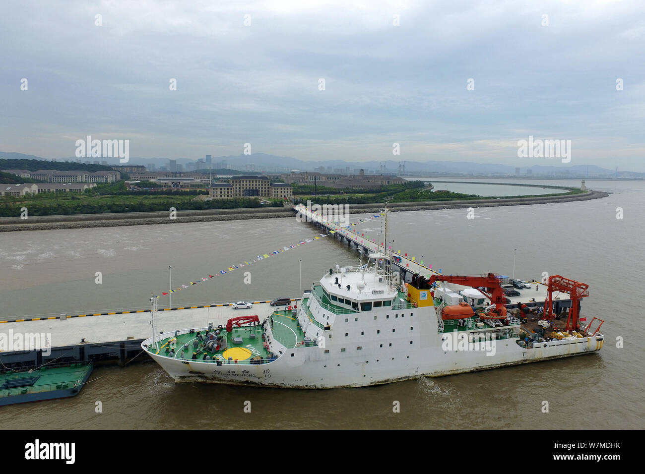 Aerial view of Chinese oceanographic ship "Xiangyanghong 10" at a port ...