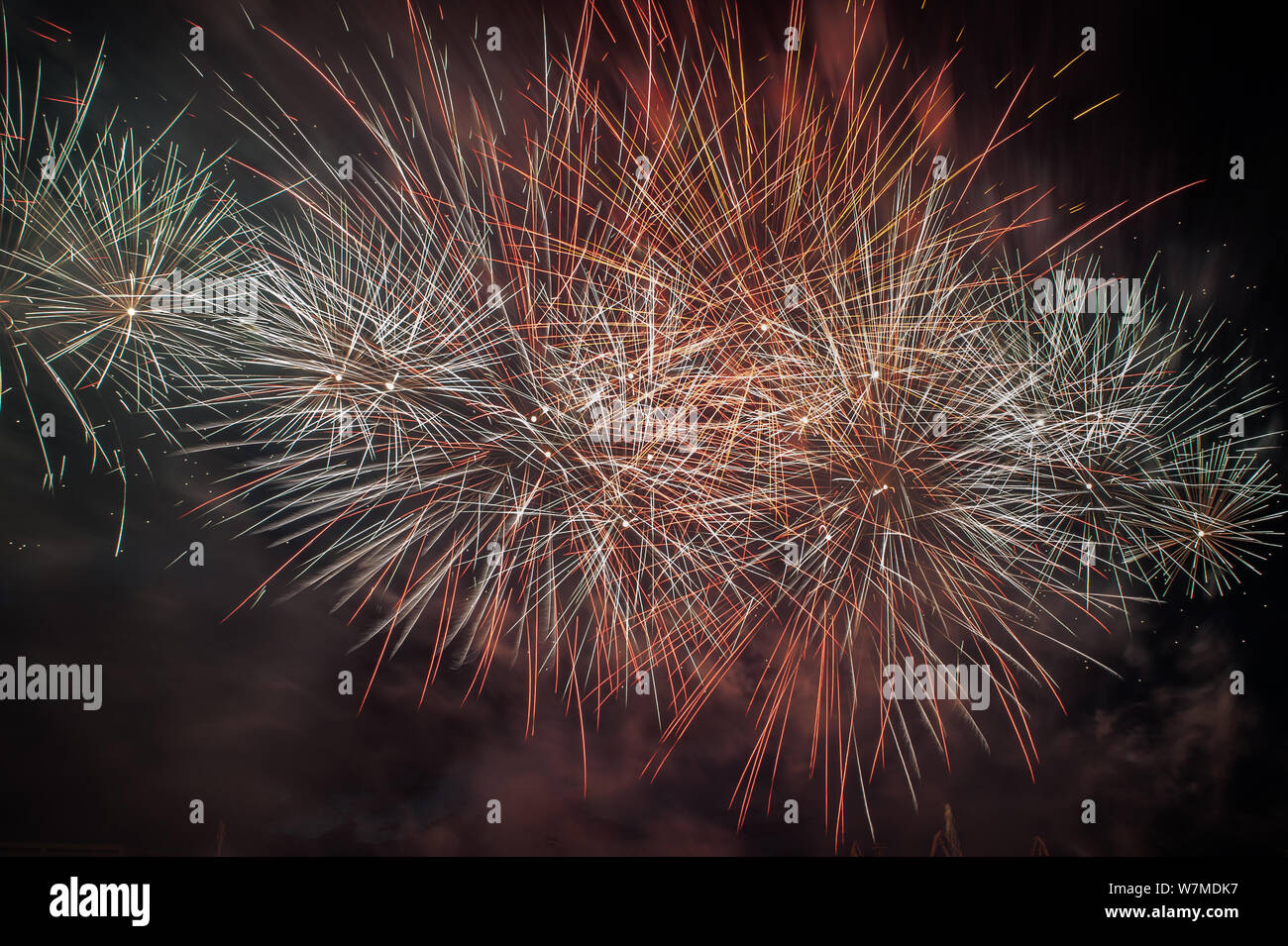 Colorful fireworks close up, fireworks explosion in dark sky. Ventspils ...