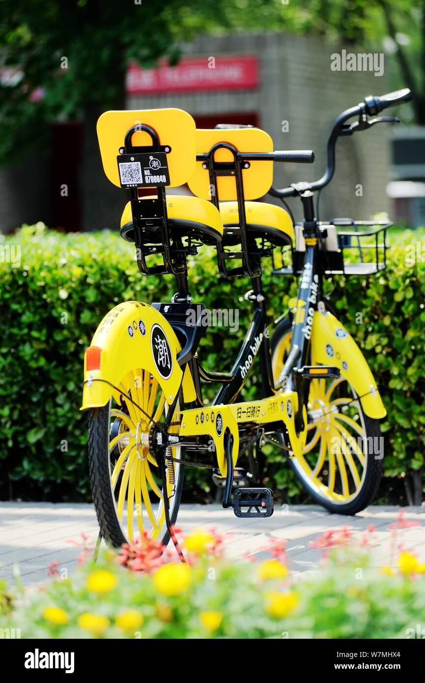 A tandem bicycle of Chinese bike-sharing service chao bike is pictured ...