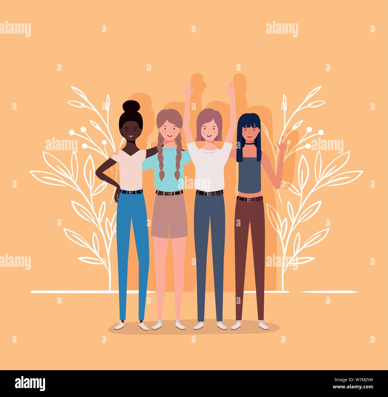 Young And Beautiful Interracial Girls Group Characters Stock Vector