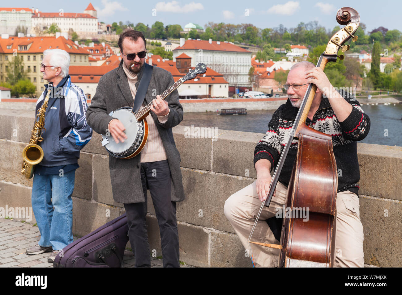 Prague, Czech Republic - April 30, 2017: Street musicians perform for ...