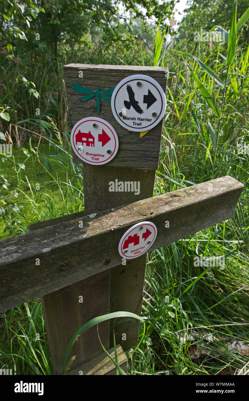 Trail direction signs at Woodwalton Fen, Cambridgeshire, UK, June 2011 ...