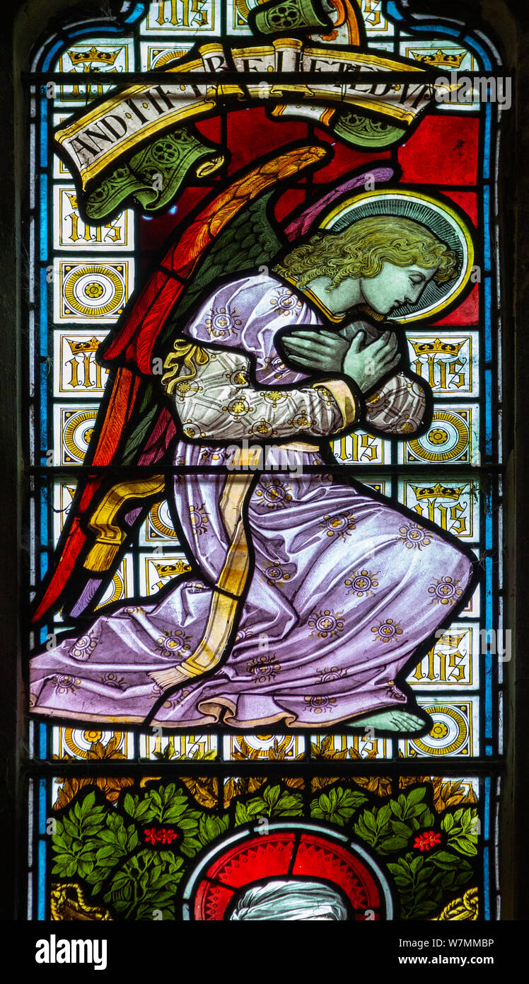 Stained glass window c 1881 detail of angel Wenhaston church, Suffolk ...