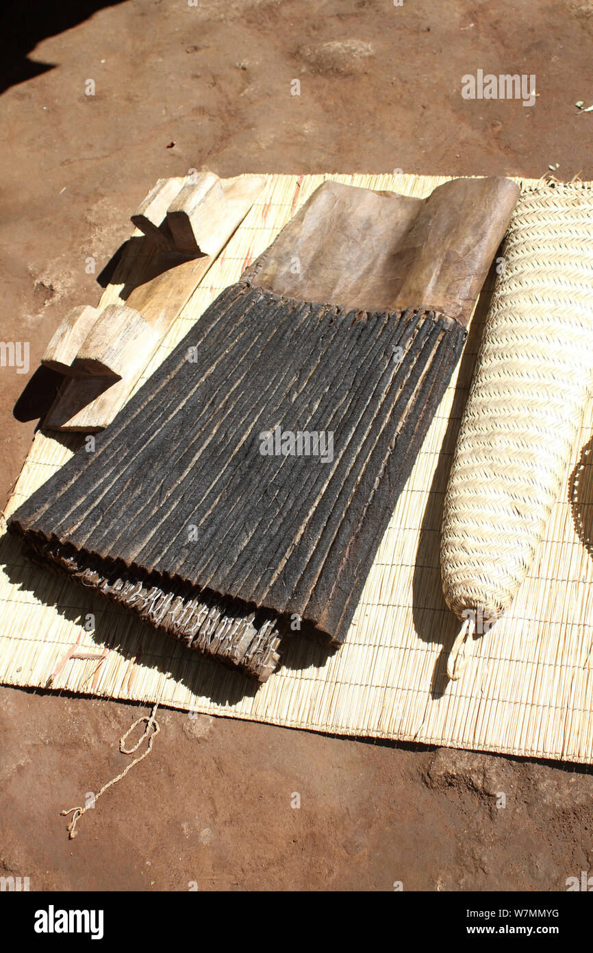 Traditional Zulu skirt and headrest (pillow) on display at Lesedi ...