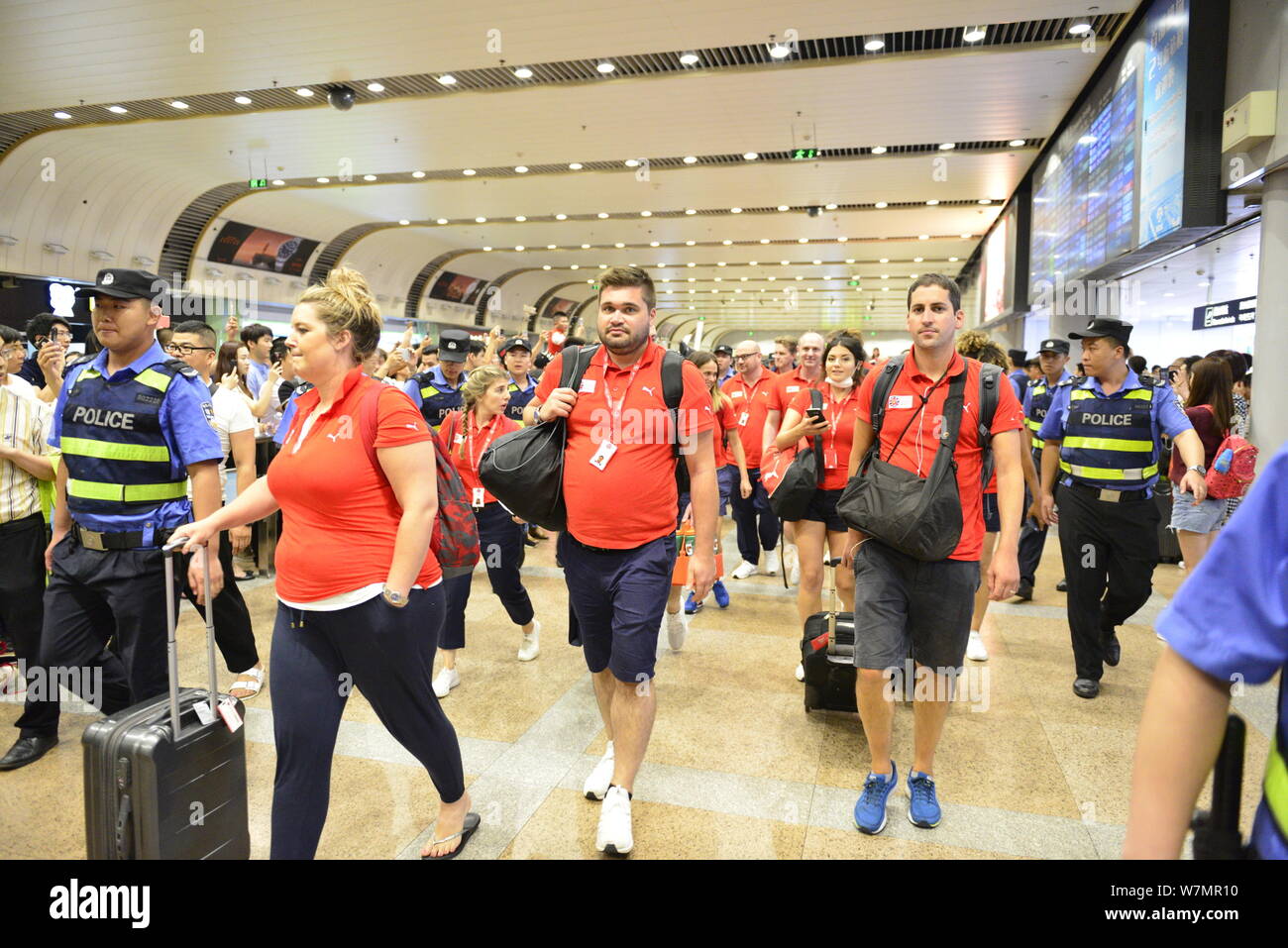 Players and coaching staff of Arsenal F.C. are pictured after arriving ...