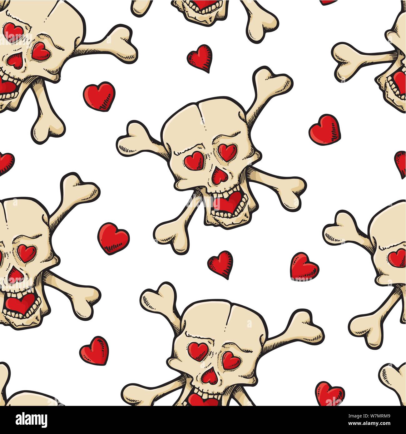 Beige skull cartoon sketch with hearts seamless pattern Stock Vector ...