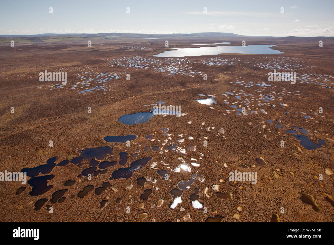 Aerial view across the Flow Country showing peatland pool system ...