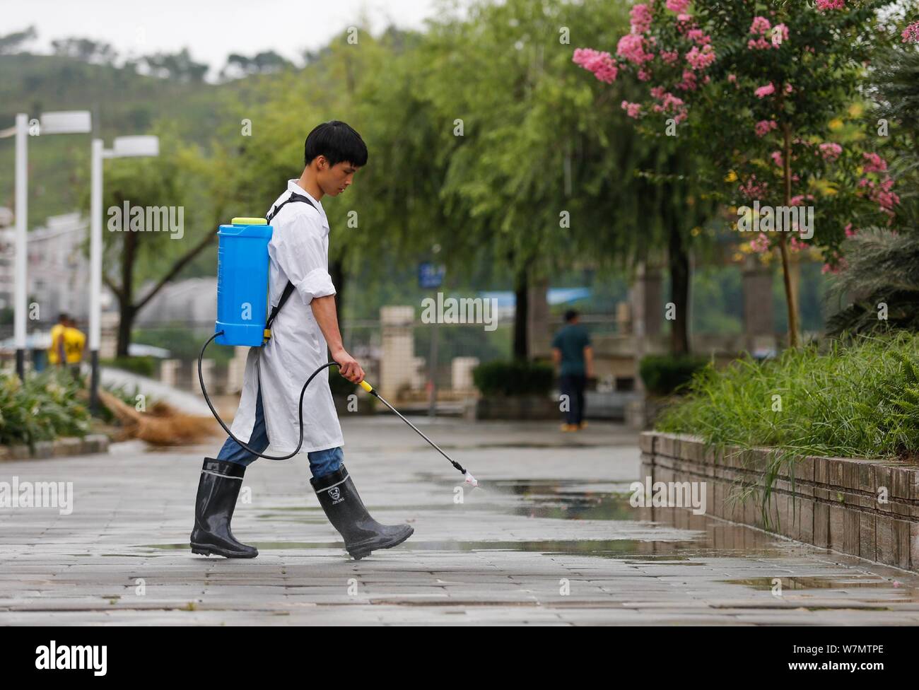 A worker disinfects a road after a flood at Riverside Park in Liucheng county of Liuzhou city ...