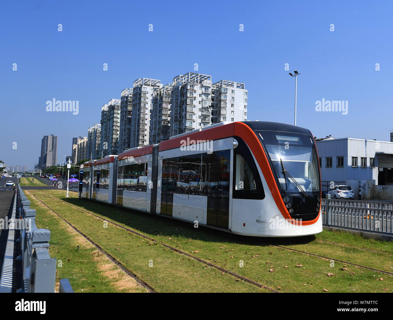 A tramcar is pictured on the city's first tram line in Wuhan city ...