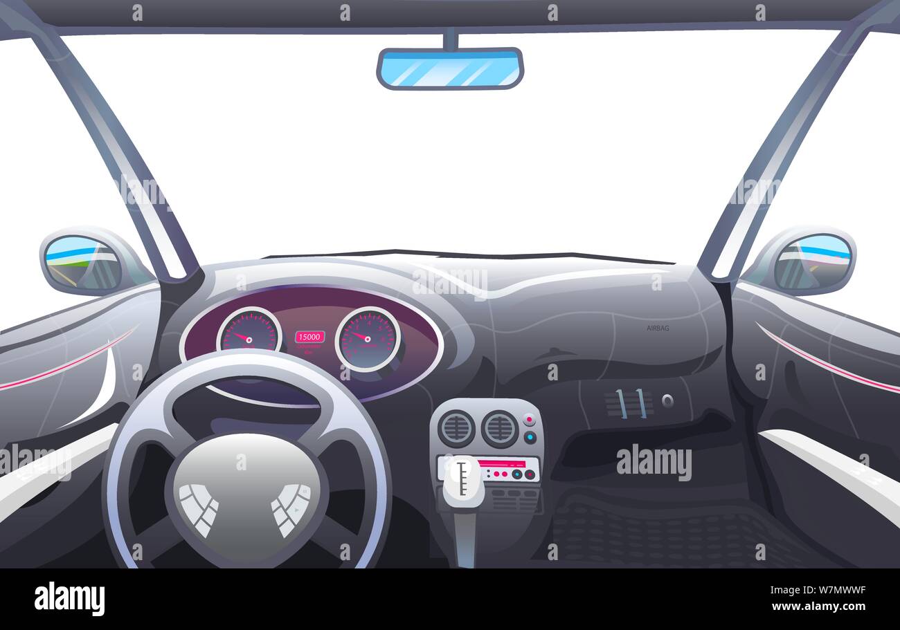 Vehicle salon, Driver view. Dashboard control in a smart car. Virtual ...