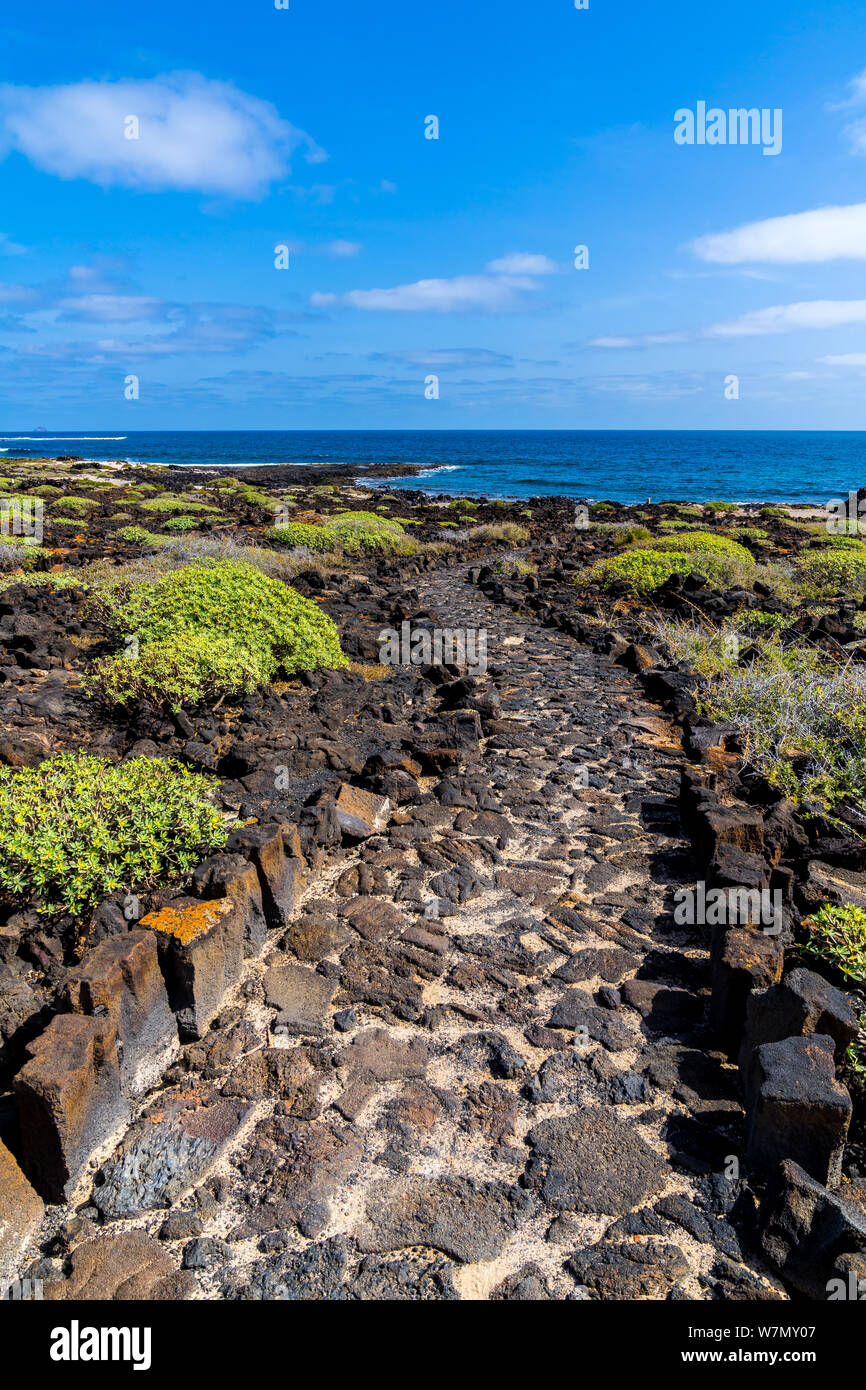Spain, Lanzarote, Black hiking trail alongside beautiful volcanic ...