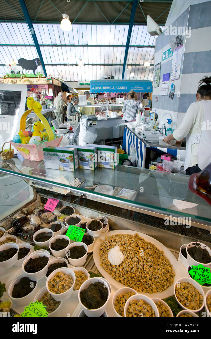 Sustainable marine sea foods, Laverbread (seaweed) and cockles for sale ...