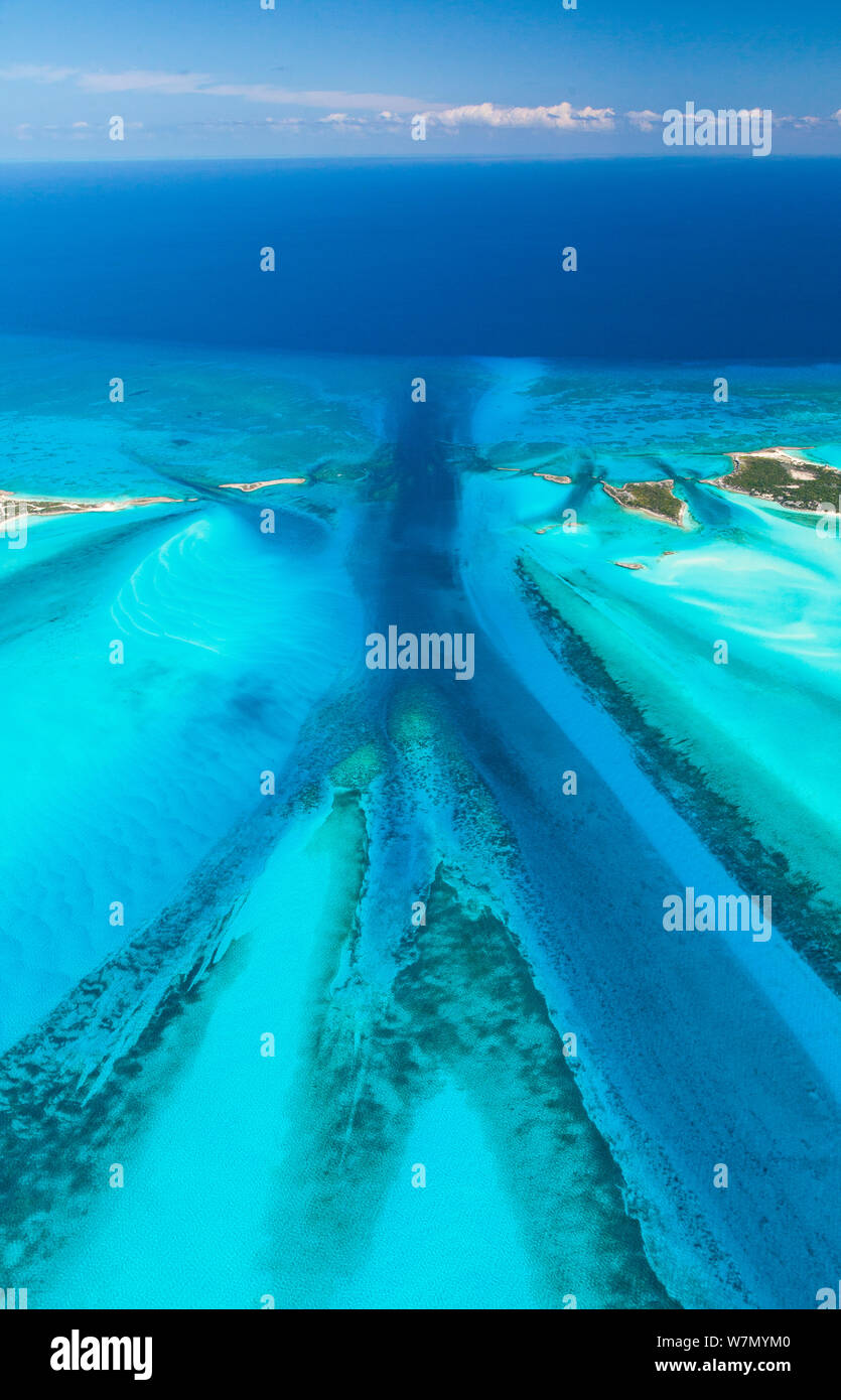 Aerial image showing sandbanks and islands in the Bahamas archipelago ...