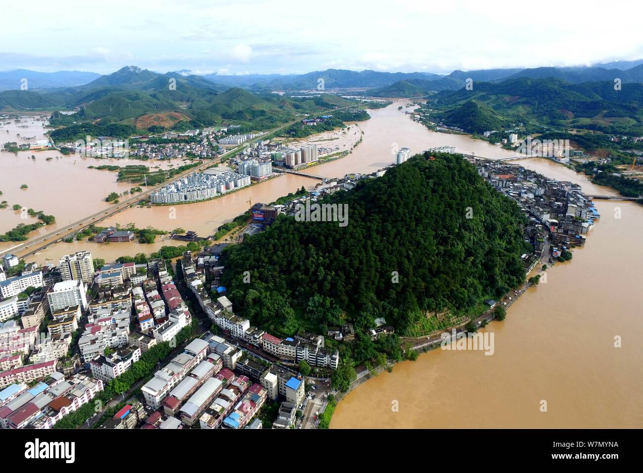 Aerial view of flooded areas in Yongfu county, Guilin city, south China ...