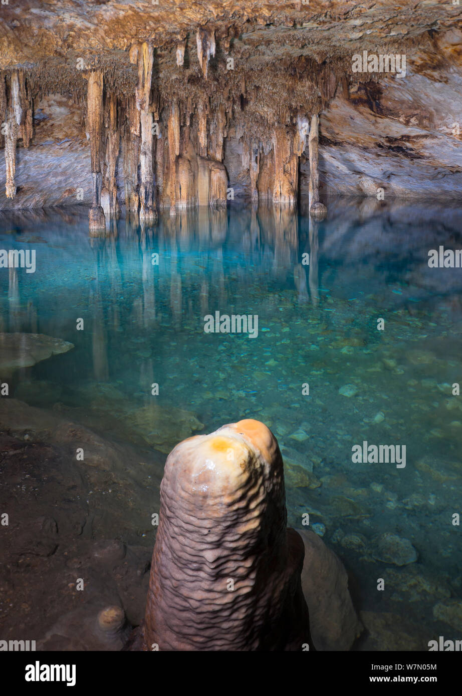 Stalagmites and stalactites with turquoise waters of Cenote Papakal ...