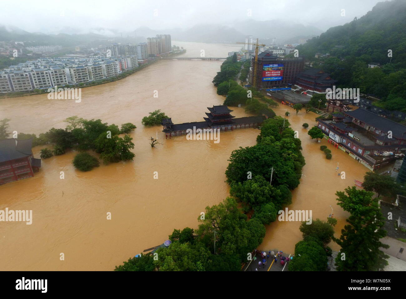 Aerial view of flooded areas in Yongfu county, Guilin city, south China ...