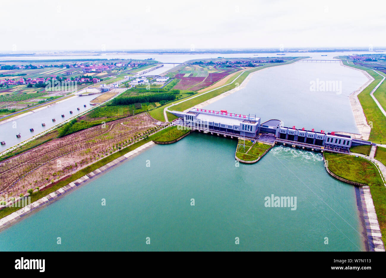 --FILE--Aerial view of a water channel and a pumping station in the ...