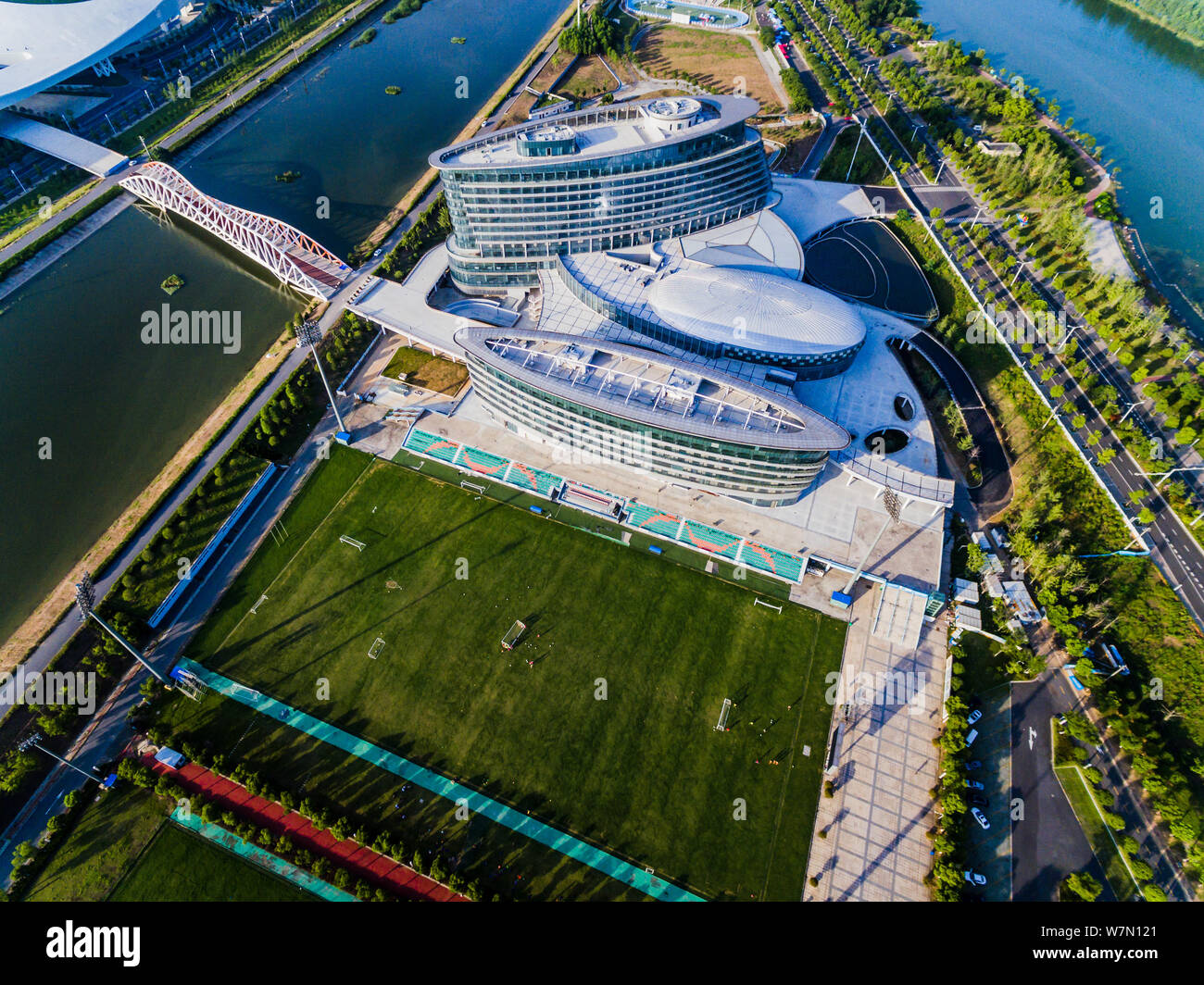 Aerial view of the Youth Olympic Sports Park at the end of Chengnanhe ...