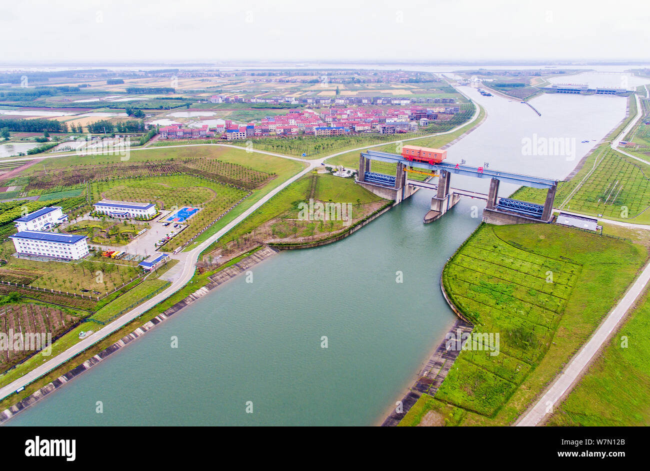 --FILE--Aerial view of a water channel and a pumping station in the ...