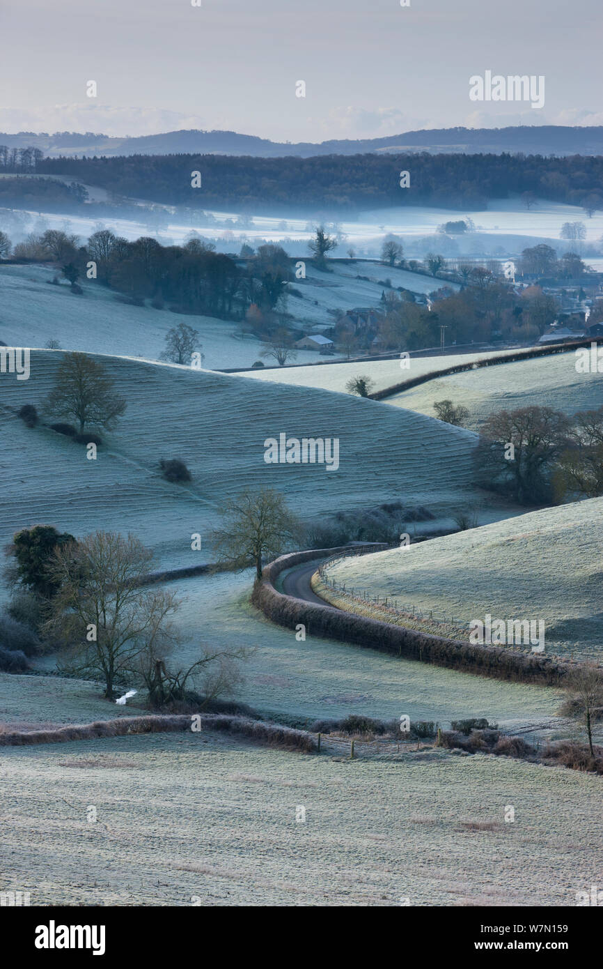 Frost covered grass fields near village of Oborne, Dorset, England, UK ...