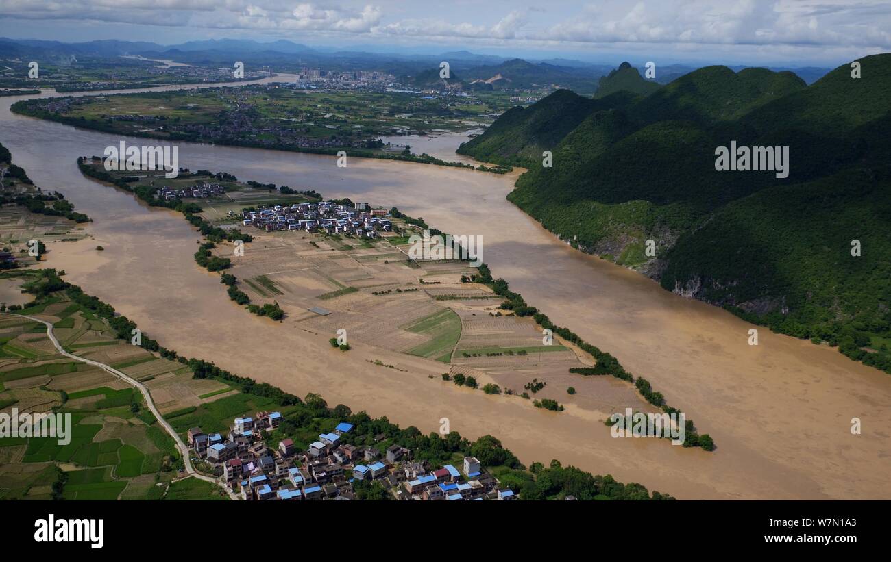 Aerial view of the flooded Rongjiang River caused by heavy rain in Rong ...
