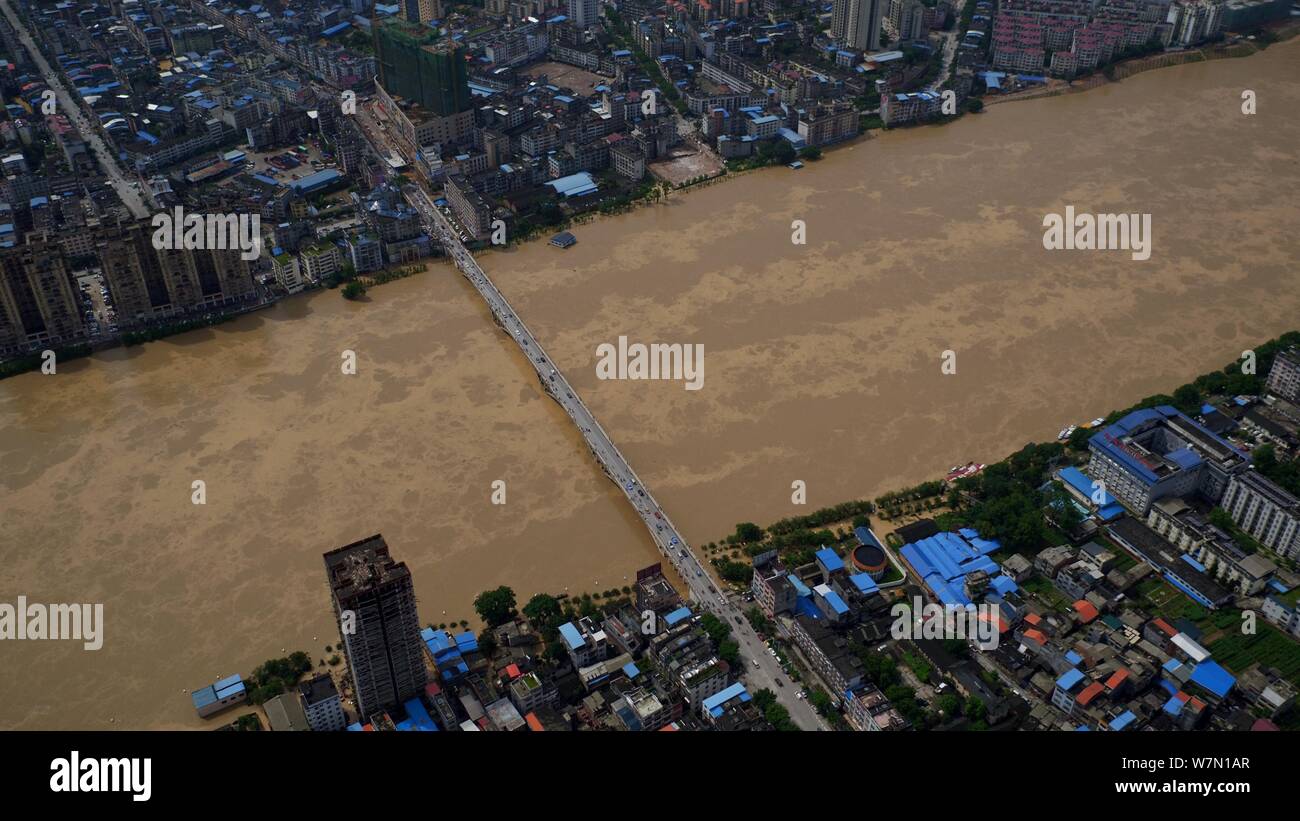 Aerial view of the flooded Rongjiang River caused by heavy rain in Rong ...
