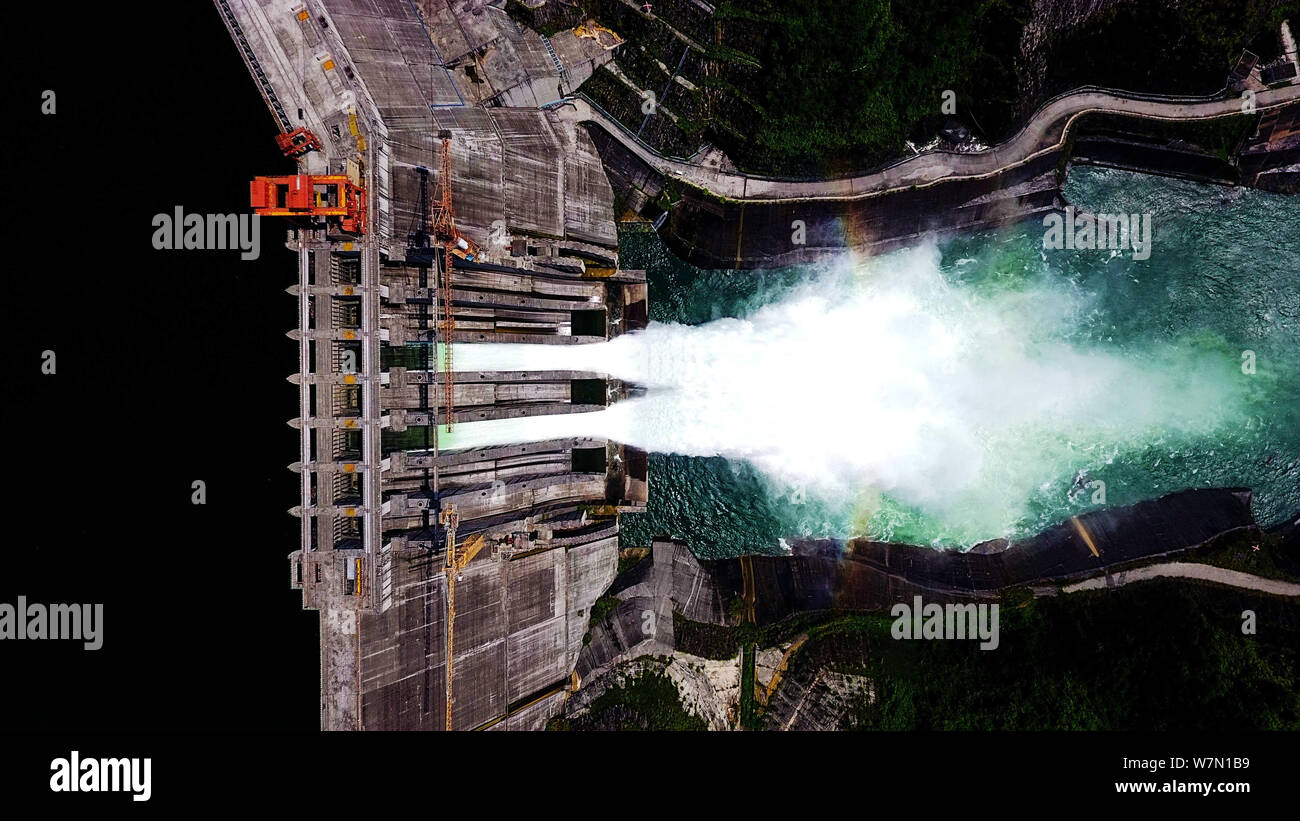 View of the Longtan hydropower station releasing water for the need of ...