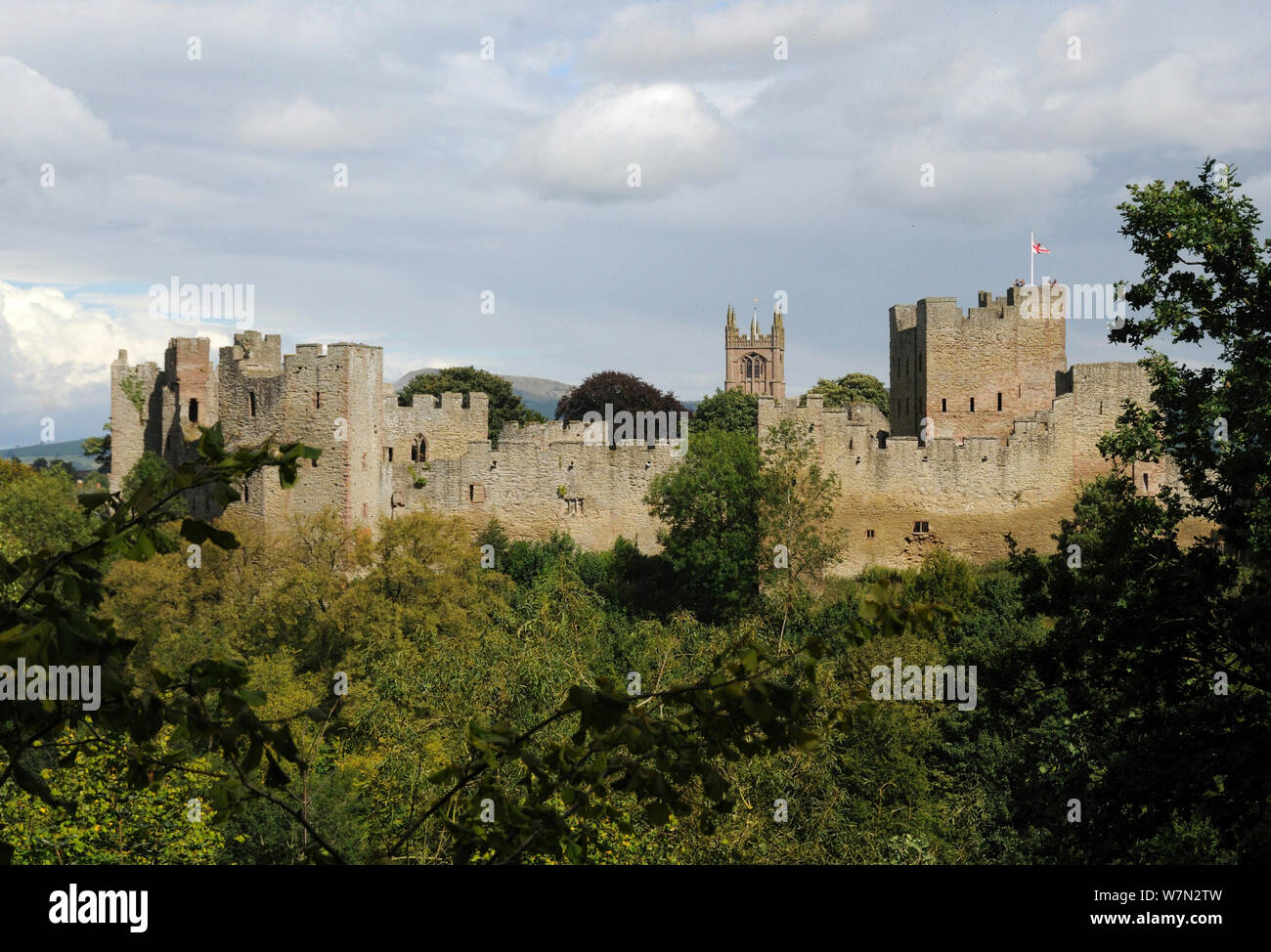 View of the medieval castle at Ludlow and St. Laurence's church tower ...