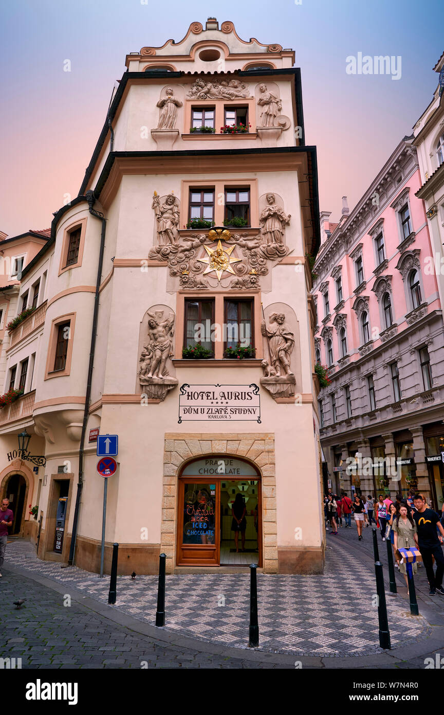 Prague Czech Republic. Old decorated buildings in Karlova street, old ...